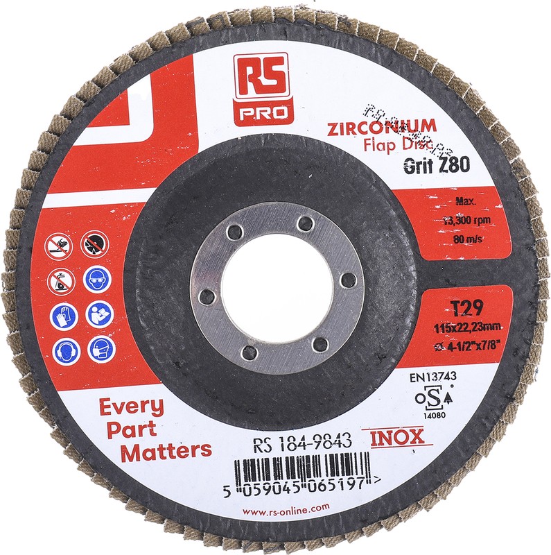 Zirconium Flap Disc, 115mm x 7mm Thick, 80+ Grade, P80 Grit, 5 in pack ...