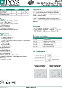LBA110P, Solid State Relays - PCB Mount 350V 120mA Dual Pole OptoMOS ...